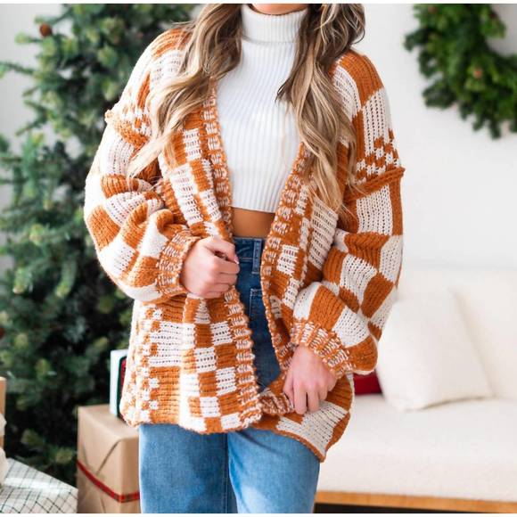 BiBi | Sweaters | New Bibi Always Gonna Be Checkered Cardigan In Rust ...